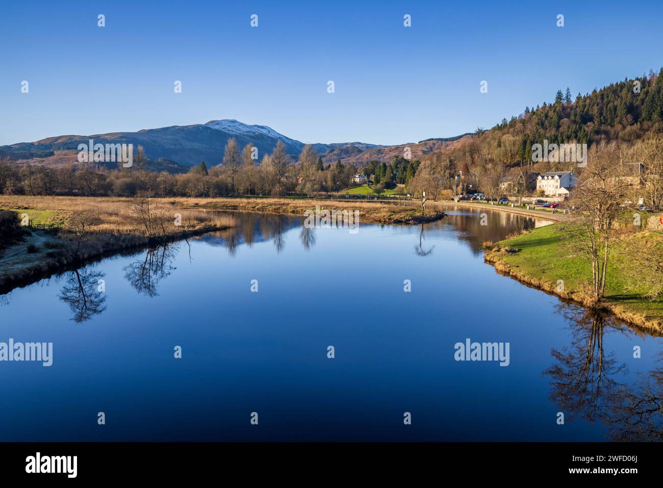 The River Teith at Callander with a snow capped Ben Ledi, Trossachs ...