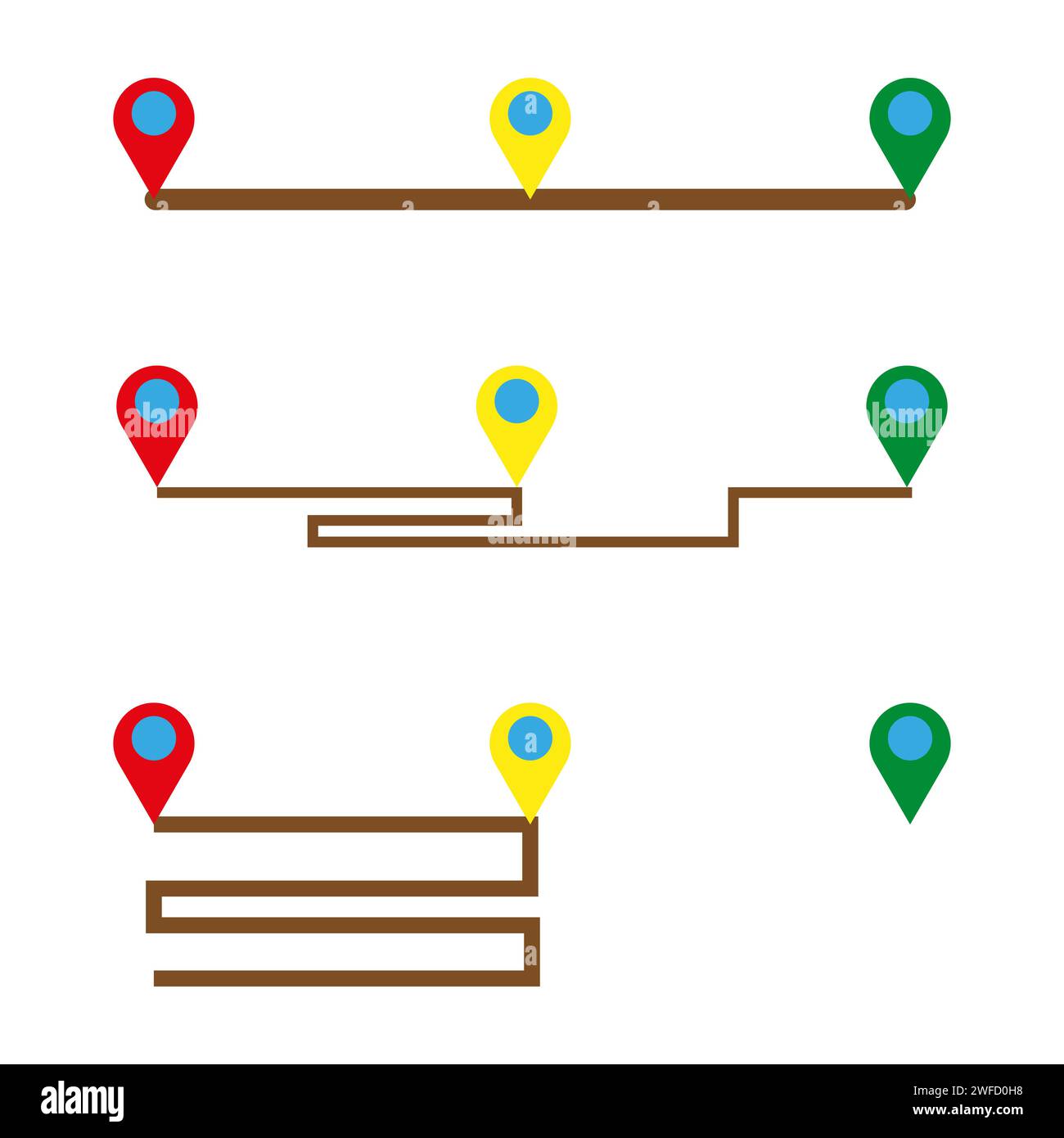 Cartoon paths colored pins in cartoon style. Road trip. Mark location ...