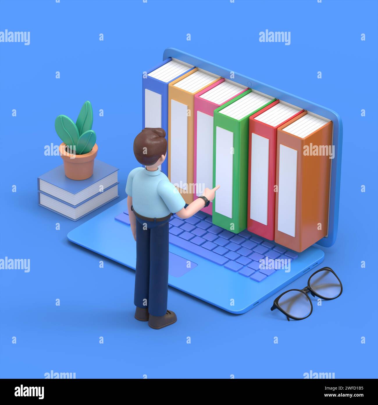 Concept of electronic books. An image of man standing in front of ...