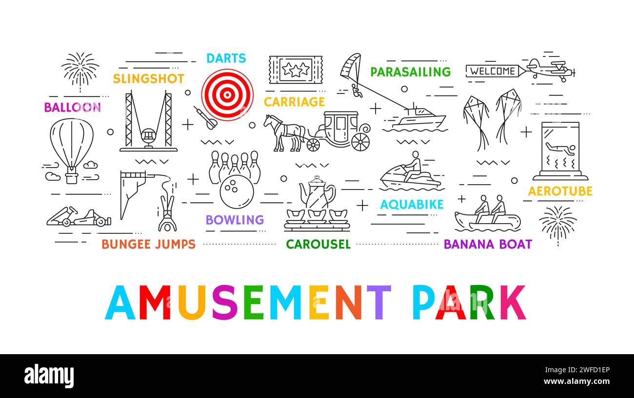 Line amusement park, carnival fun fair or funfair attractions. Vector ...