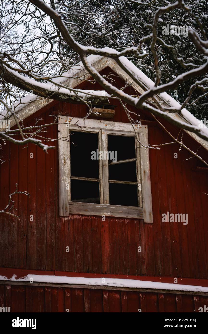 Dark broken window on an old wooden building in Finland Stock Photo - Alamy
