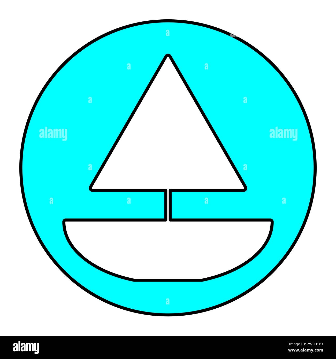 Boat sign. White shape in blue circle. Sea background. Cartoon style ...