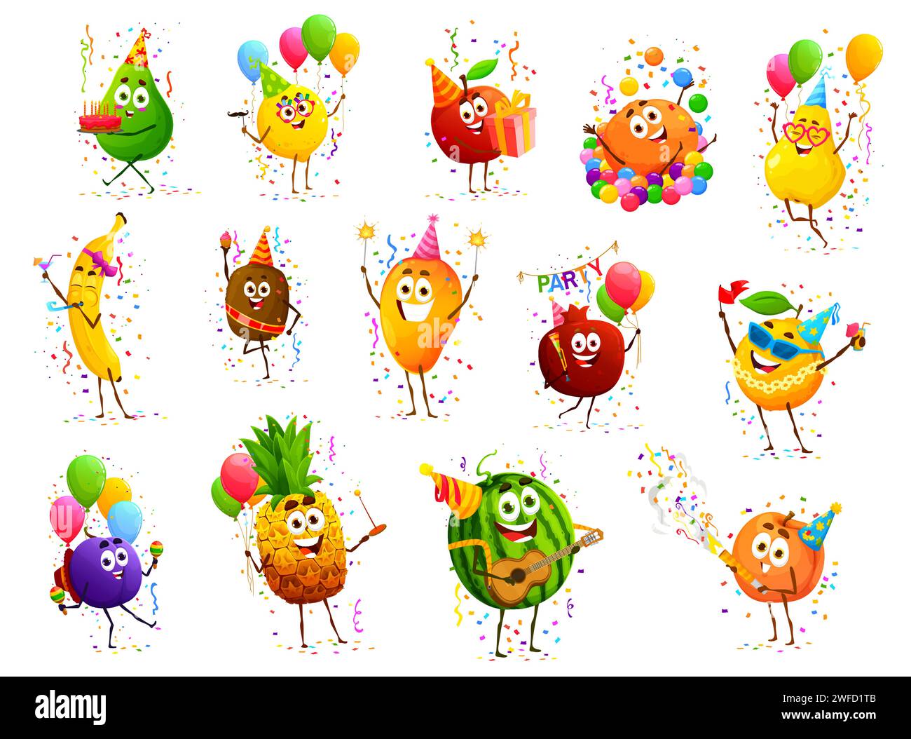 Cartoon cheerful fruit characters on birthday holiday anniversary ...