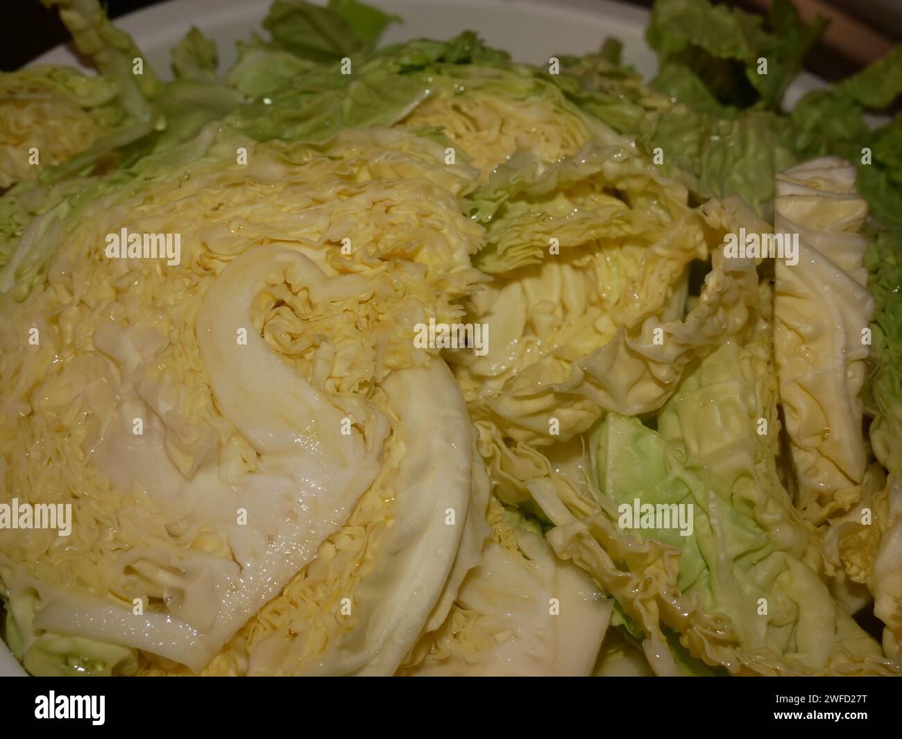 Green cabbage cut and washed ready to be cooked Stock Photo - Alamy