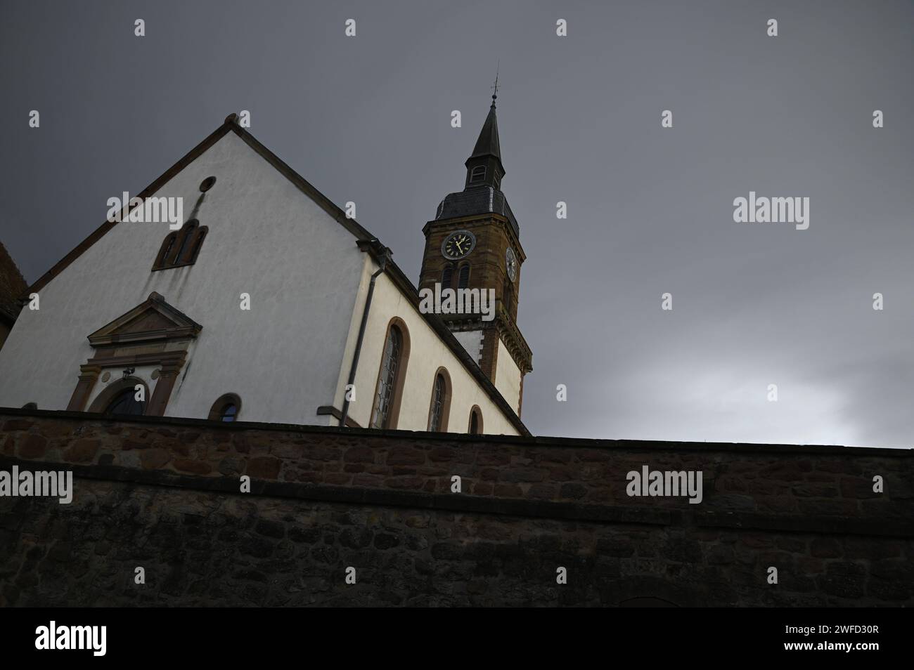 Landscape with scenic exterior view of the Protestant church Eglise ...