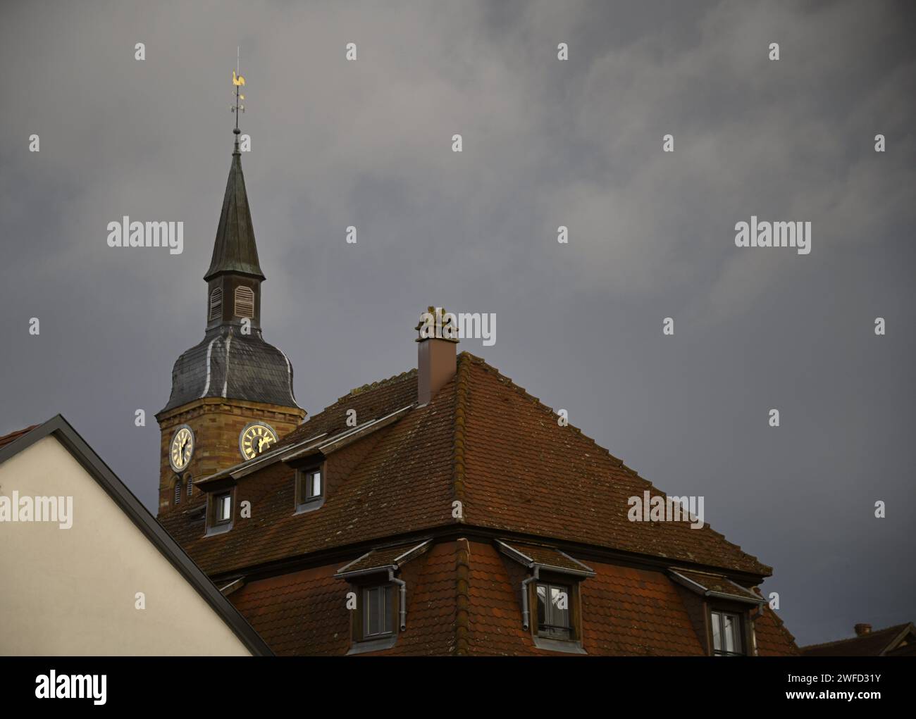 Landscape with scenic clock tower view of the Protestant church Eglise ...