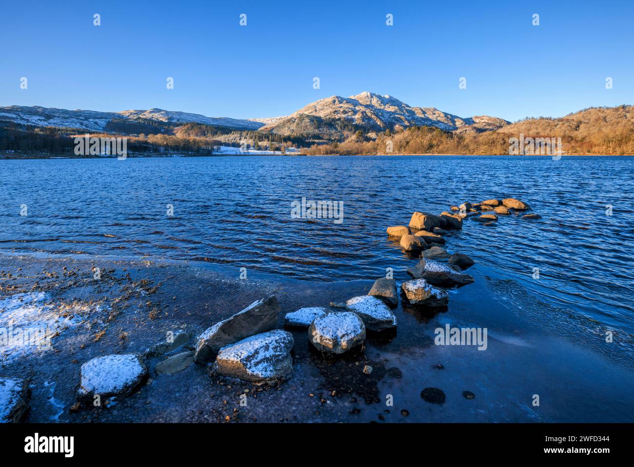 Ben Venue across Loch Achray in the winter, Trossachs, Stirling ...