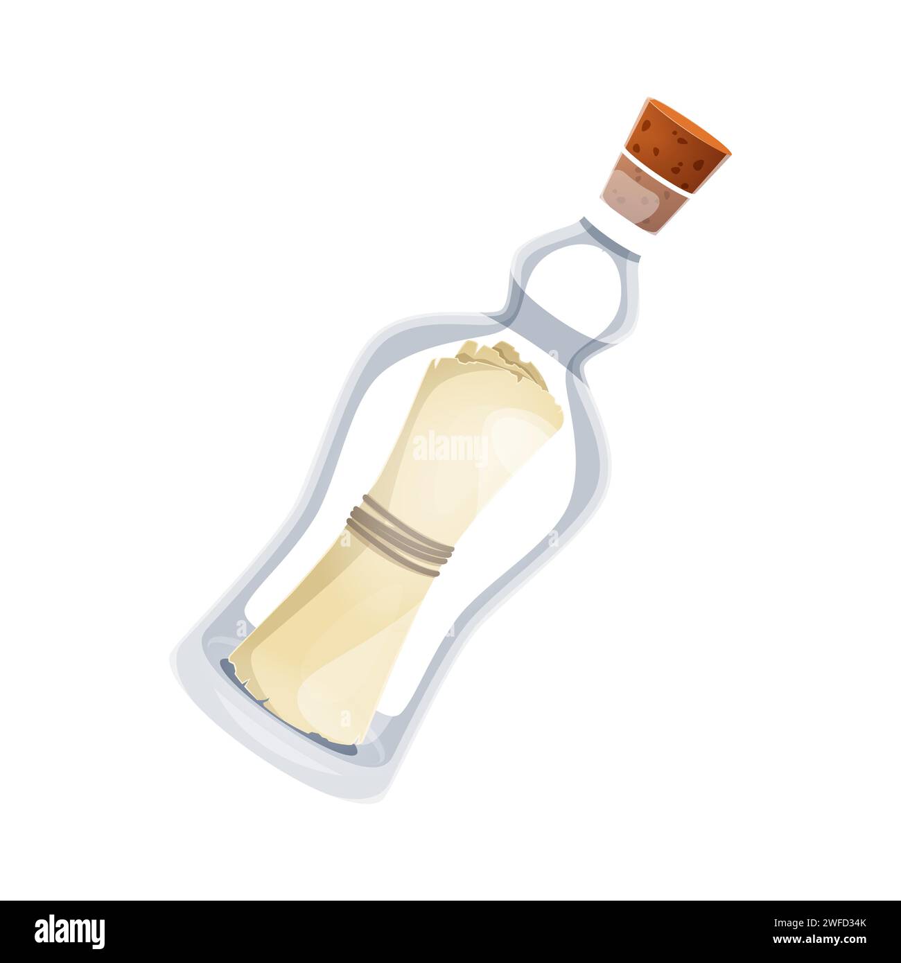 Cartoon glass bottle, tossed by the sea, clutches a mysterious message ...