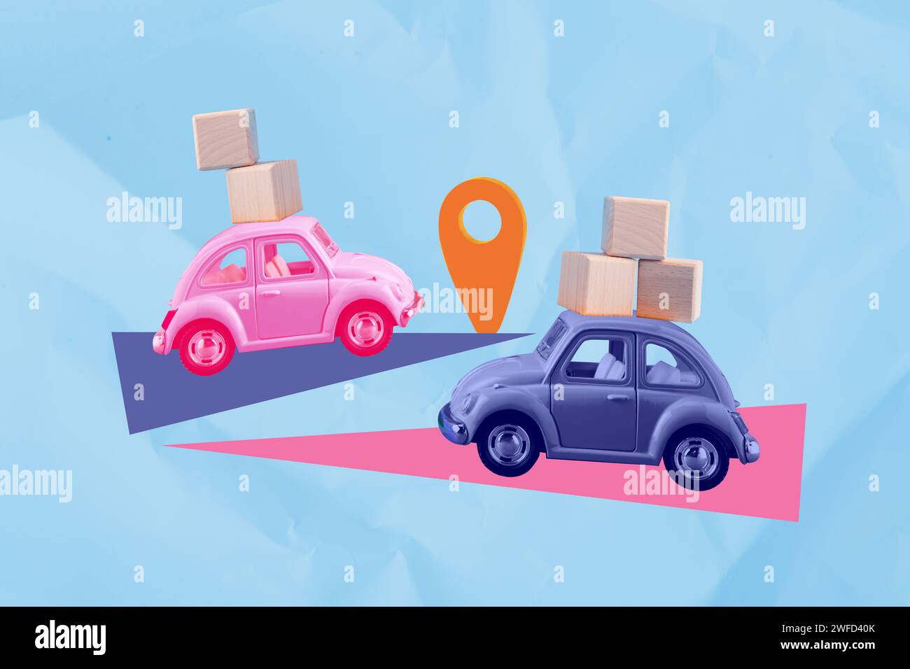 Creative photo collage two cars vehicles transport order package ...