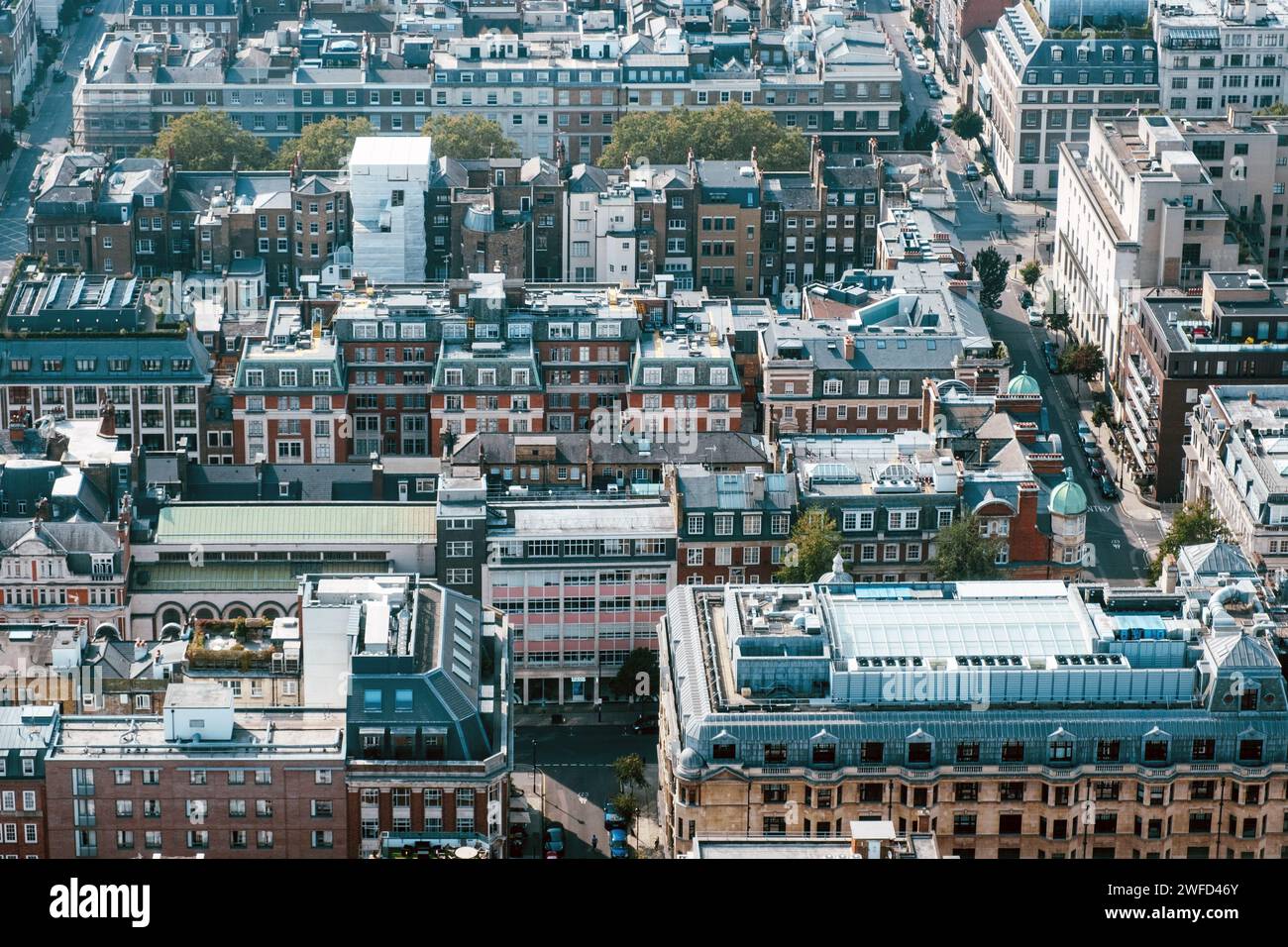 Aerial view of densely packed urban London with variety of buildings ...