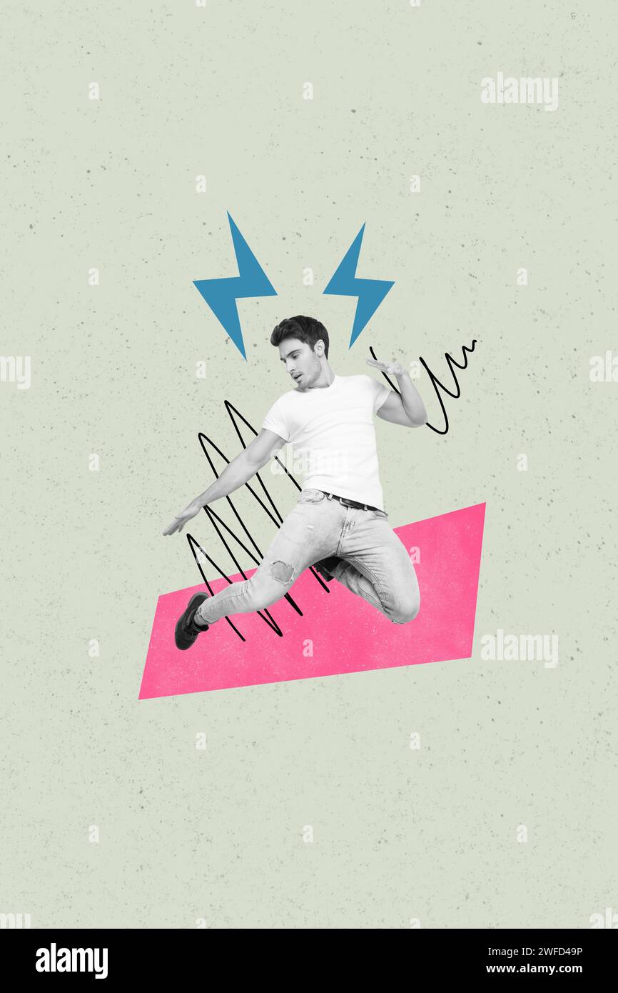Vertical creative picture collage of funny man elegant moves jumping ...
