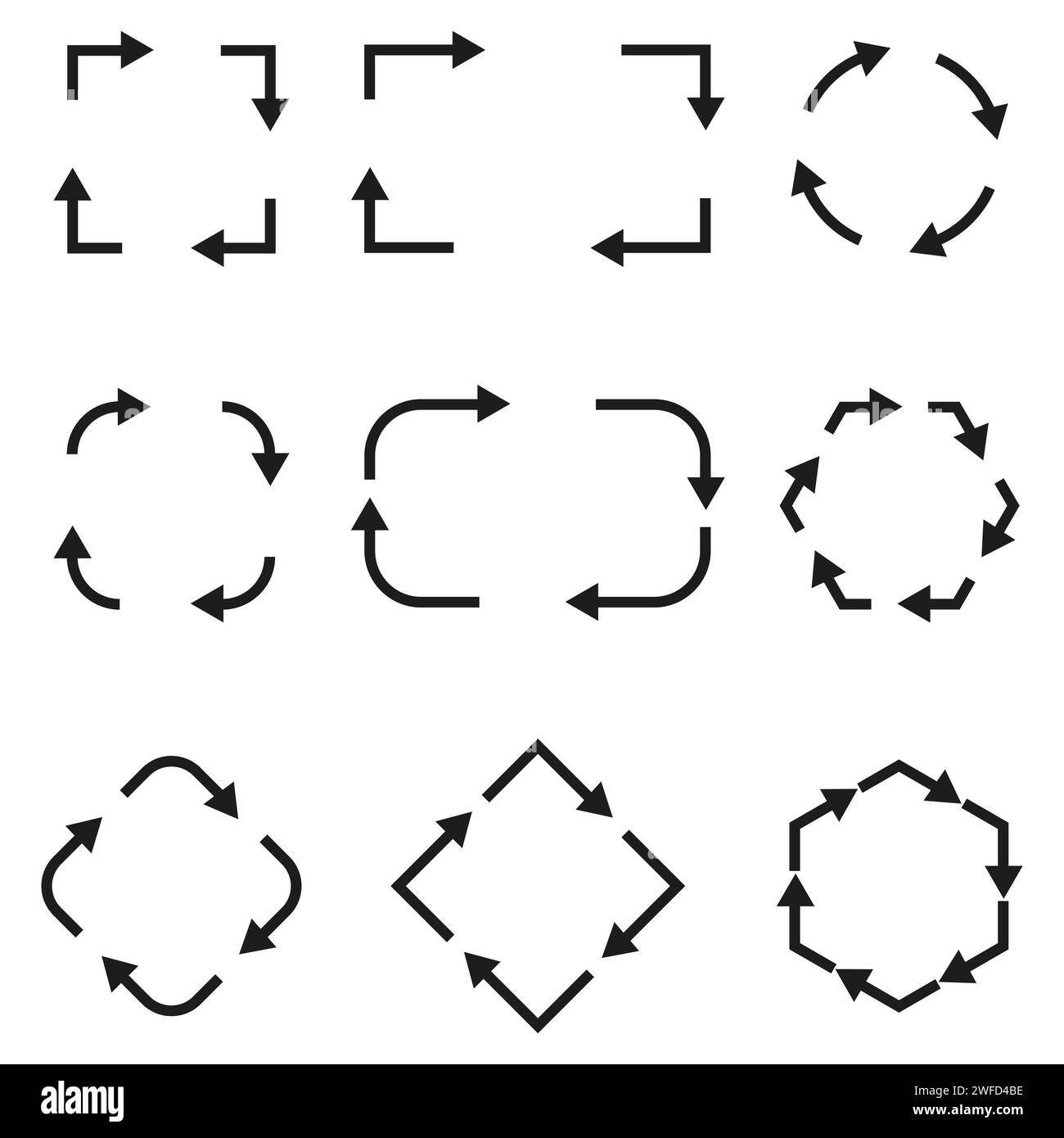 Arrows icons set in a circle. Collection of black cursors. Pointer down, up, left to right ...