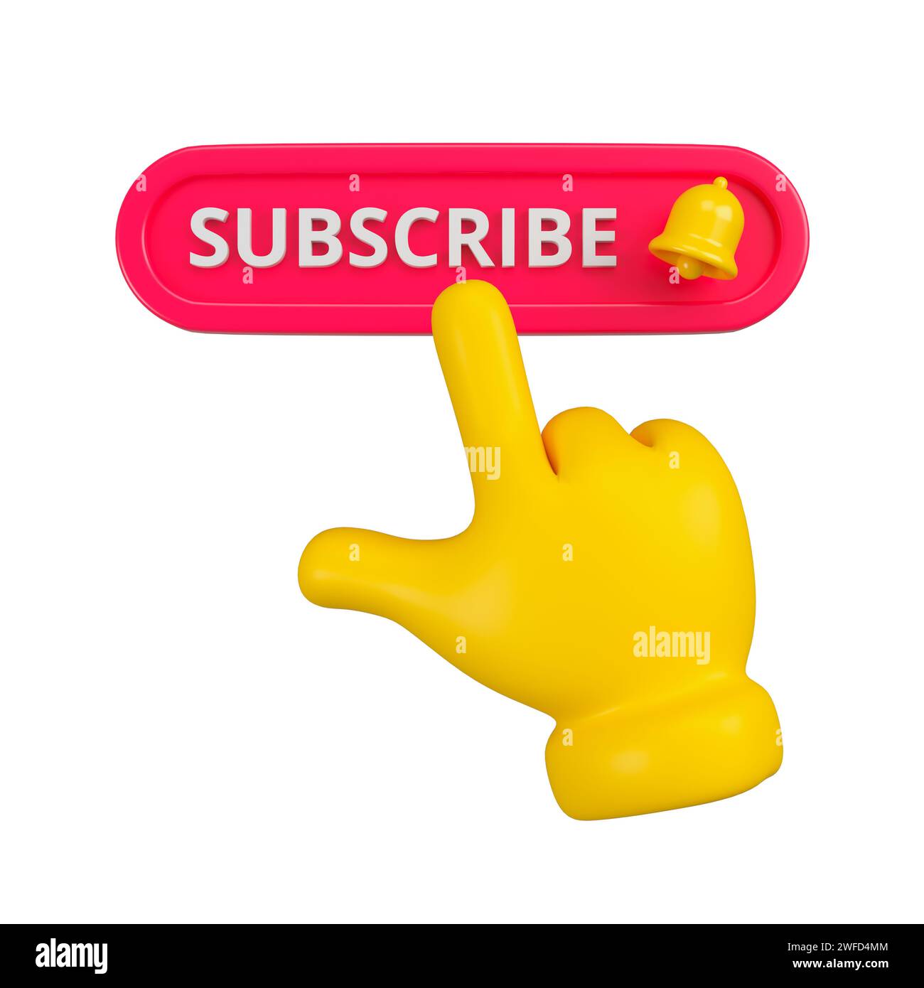 A yellow hand presses a red subscribe button with a bell. Social media ...