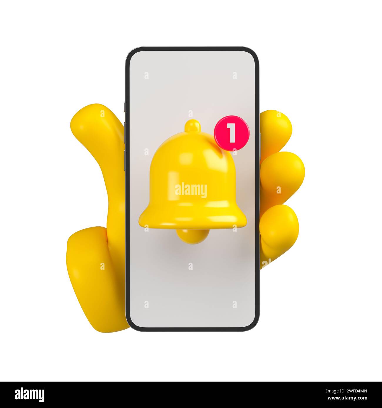 Emoji hand holding Notification bell on white screen. Concept of new ...