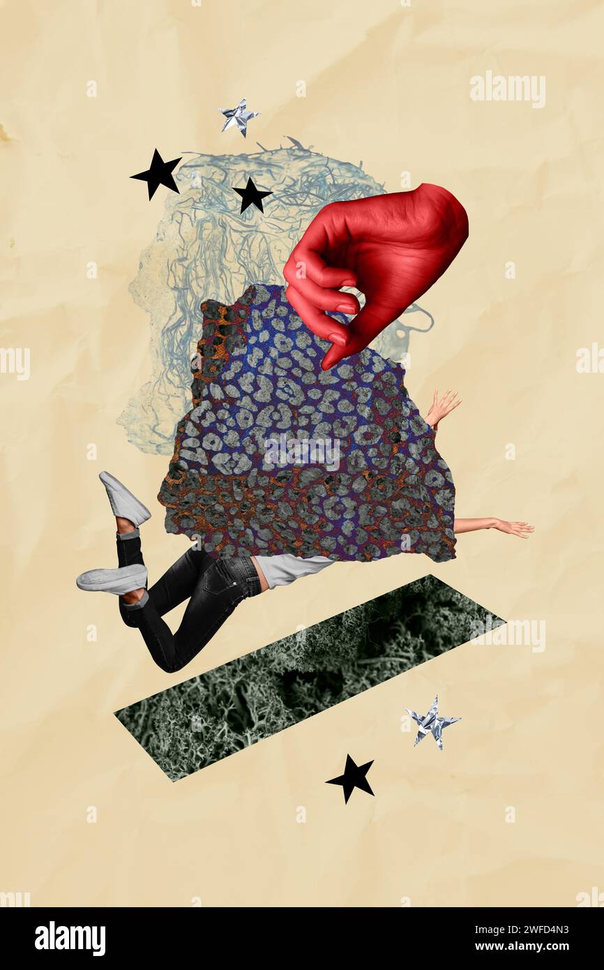 Vertical collage image of hand hold funky man flying air and ...