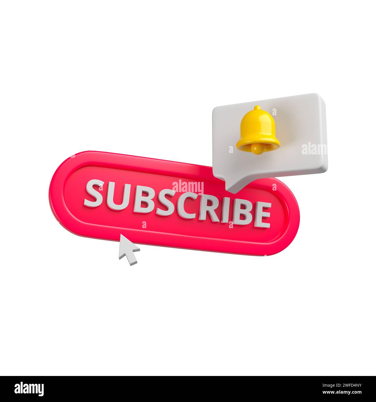 Red subscribe button with yellow notification bell in cloud and cursor. Social media, channel or ...