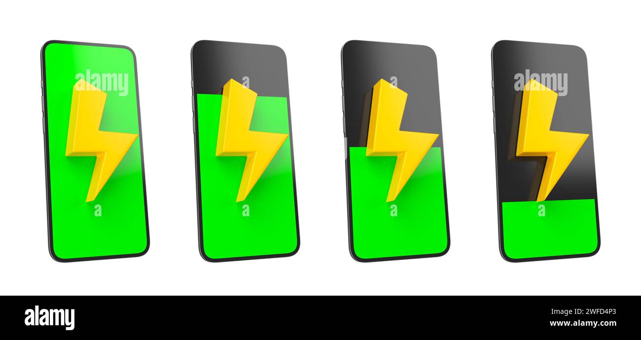 Set of smartphones charge concept. Thunder bolt on black and green ...