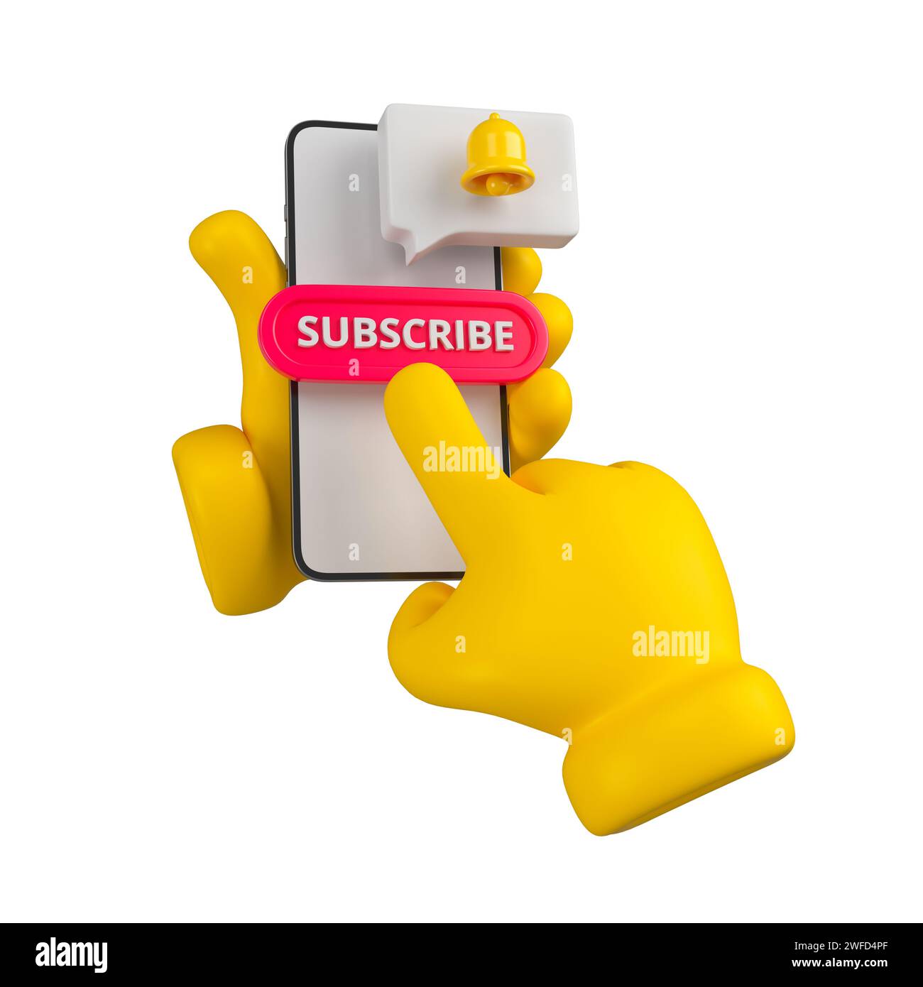 Yellow emoji holding and tapping subscribe button and notification ...