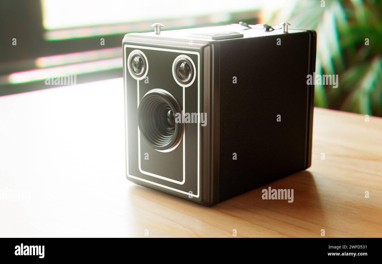 A vintage analogue box camera on a wooden surface background - 3D ...