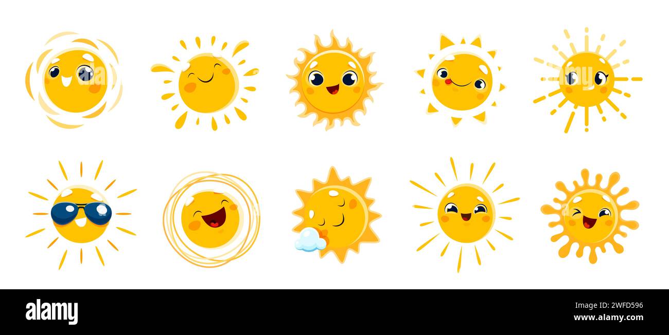 Cartoon funny sun characters. Isolated vector set of adorable solar ...
