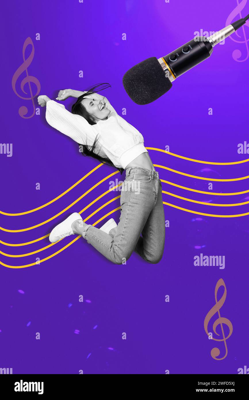 Vertical creative collage young happy dancing girl overjoyed singing ...