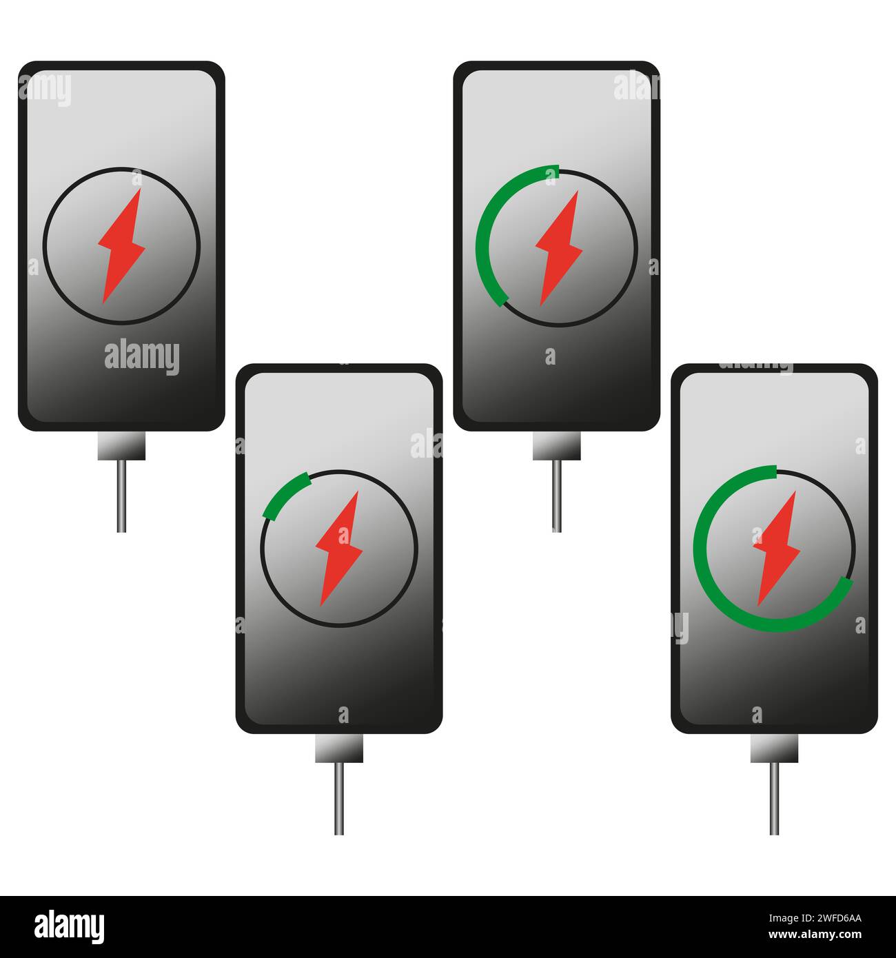 Mobile phone screen with low, full, medium battery indicators ...