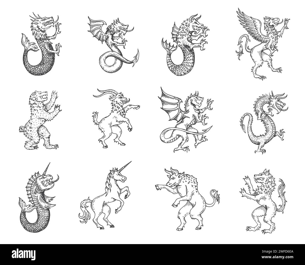 Medieval heraldic animals and monsters sketch, vector fantasy heraldry ...
