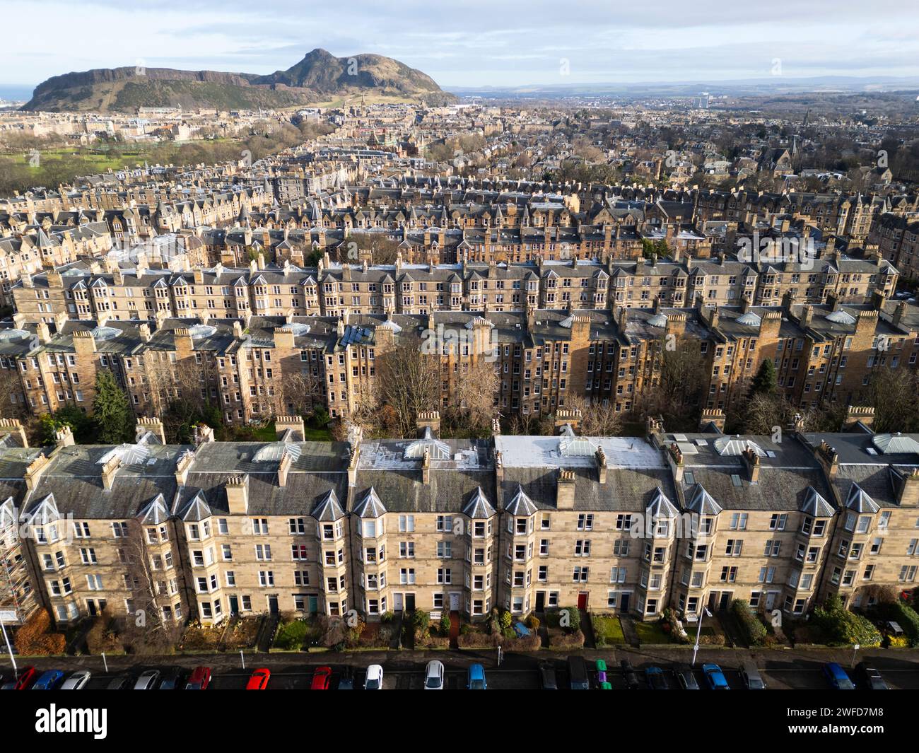 Aerial view of terraced row of tenement houses in Marchmont, Edinburgh ...