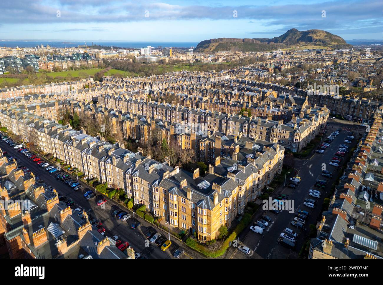 Aerial view of terraced row of tenement houses in Marchmont, Edinburgh ...
