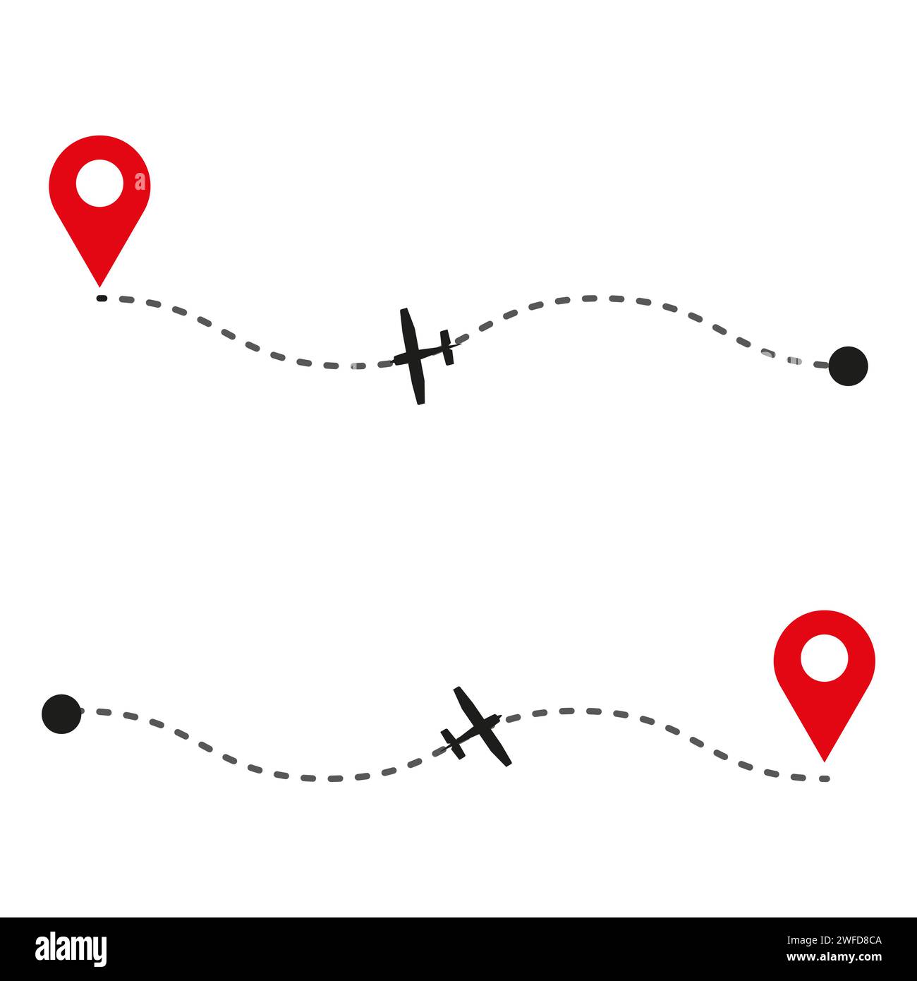 Plane path with location pins. Path to location by plane, tourism way ...