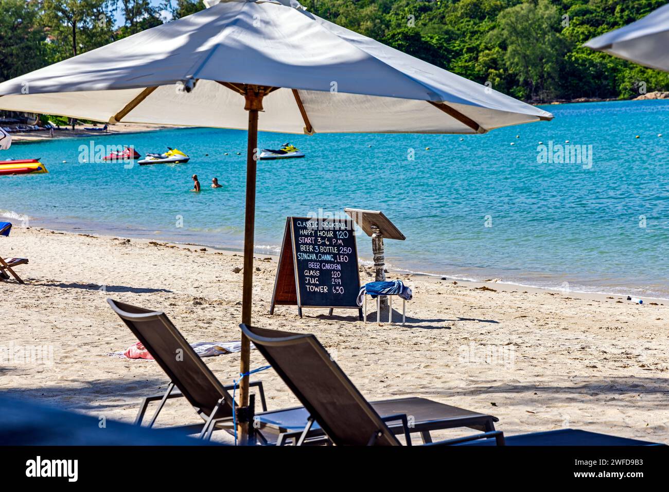 Empty sun loungers in shade, Choeng Mon beach, Bo Phut, Ko Samui ...