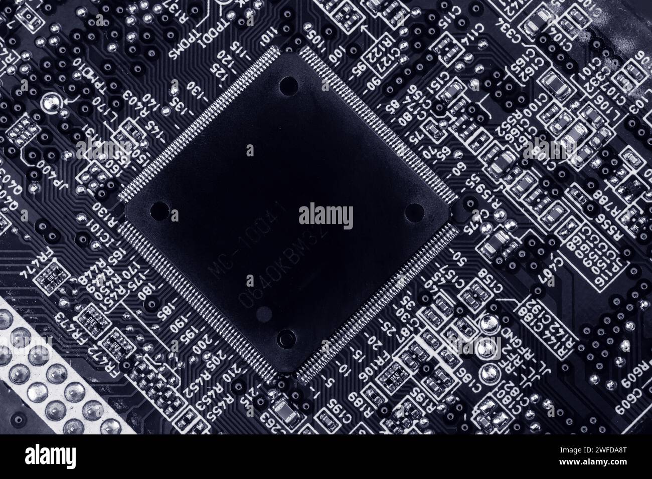 Macro Close up of components and microchips on PC circuit board Stock ...