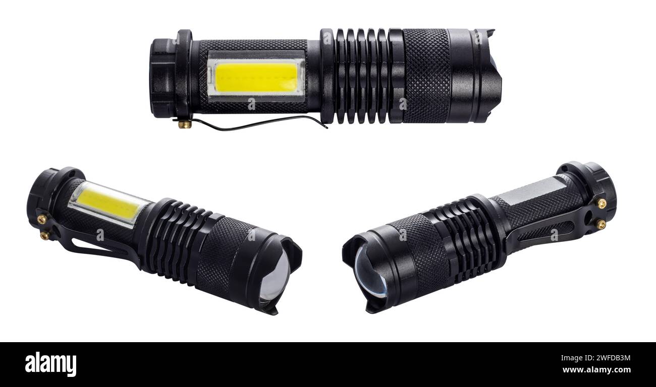 Black led water proof zoom flashlight isolated on white background ...