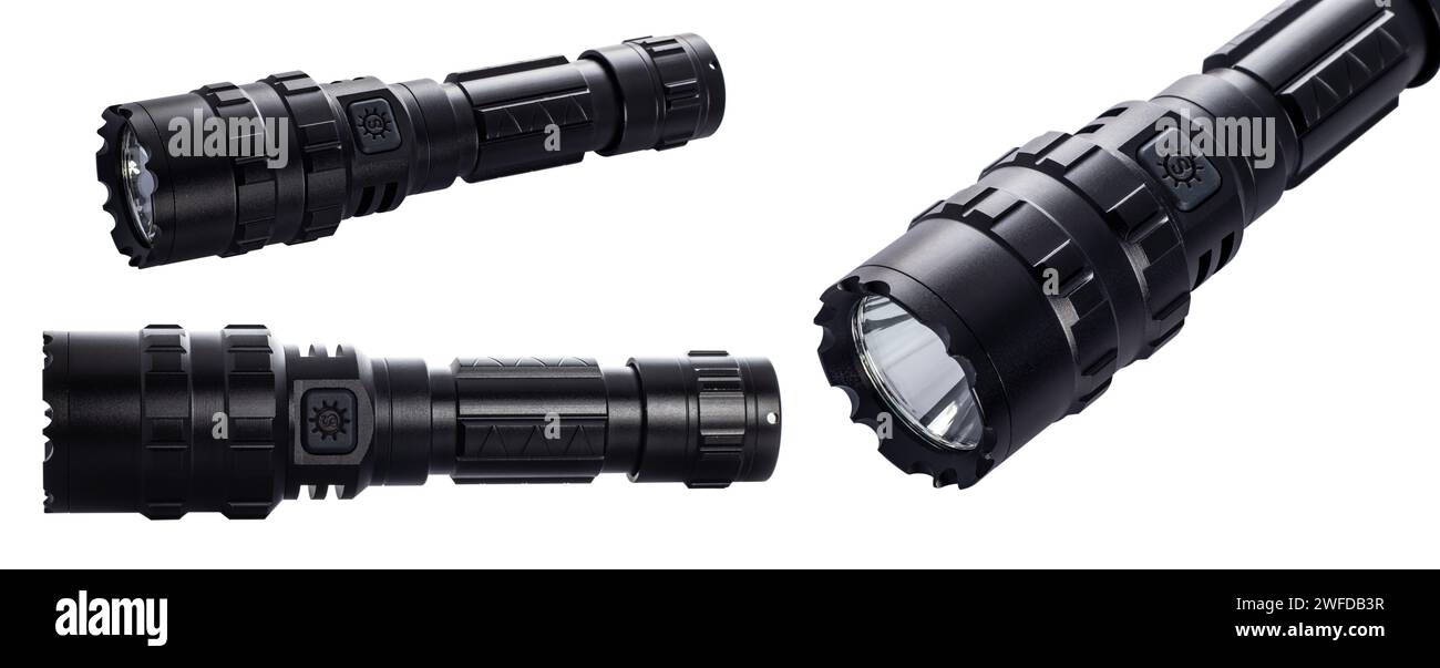 Black led water proof zoom flashlight isolated on white background ...