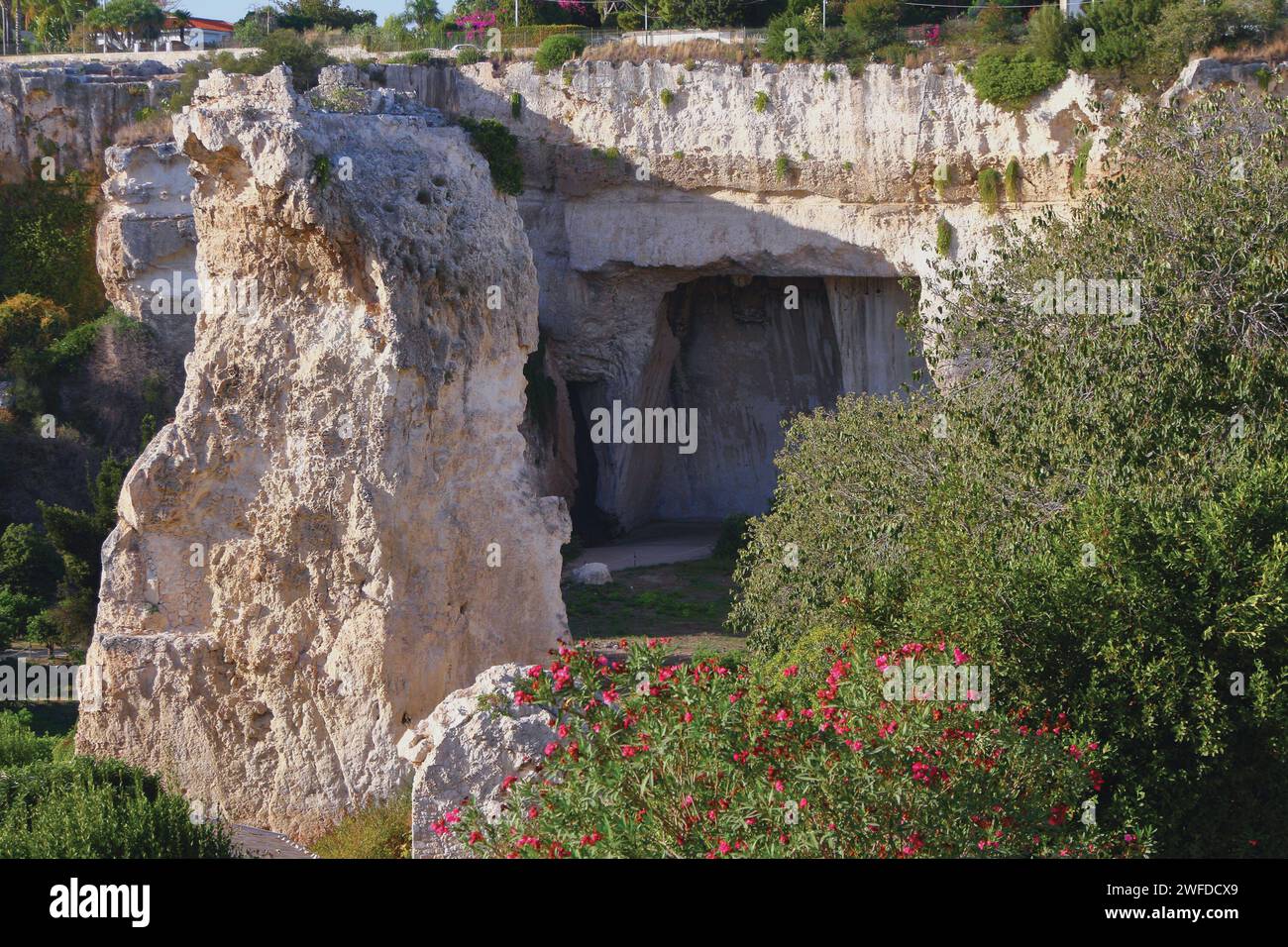 Quarry, limestone cave in archaeological park. Syracuse, Sicily, Italy ...