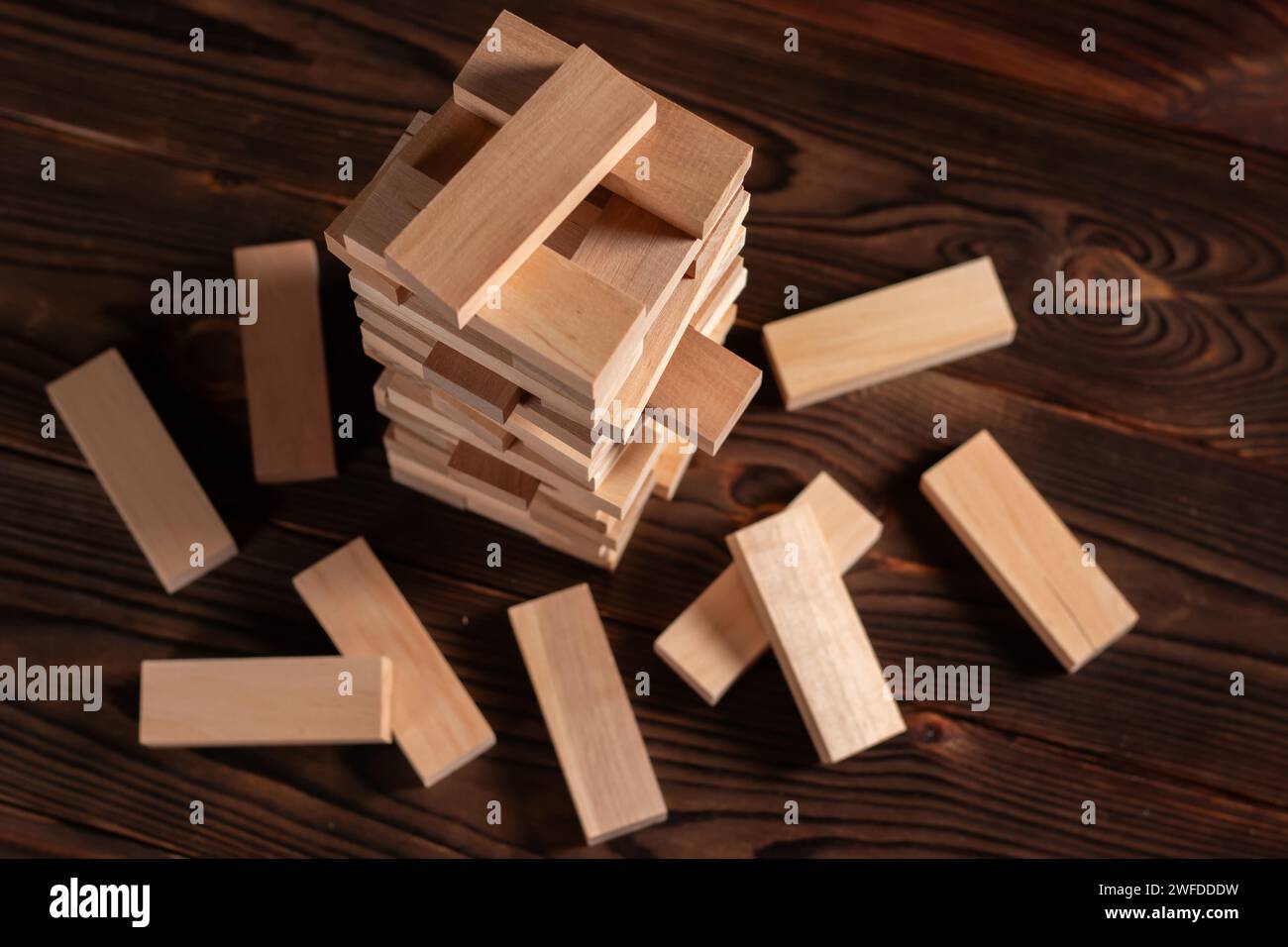 Wood blocks stack game top view, background. Concept of education, risk ...