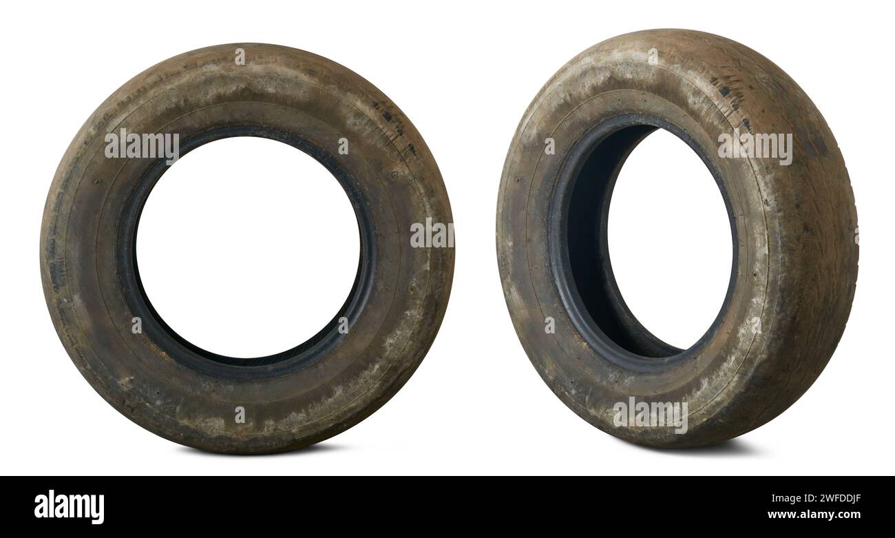 set of old worn out tires, dirty and used tires in different angles and ...