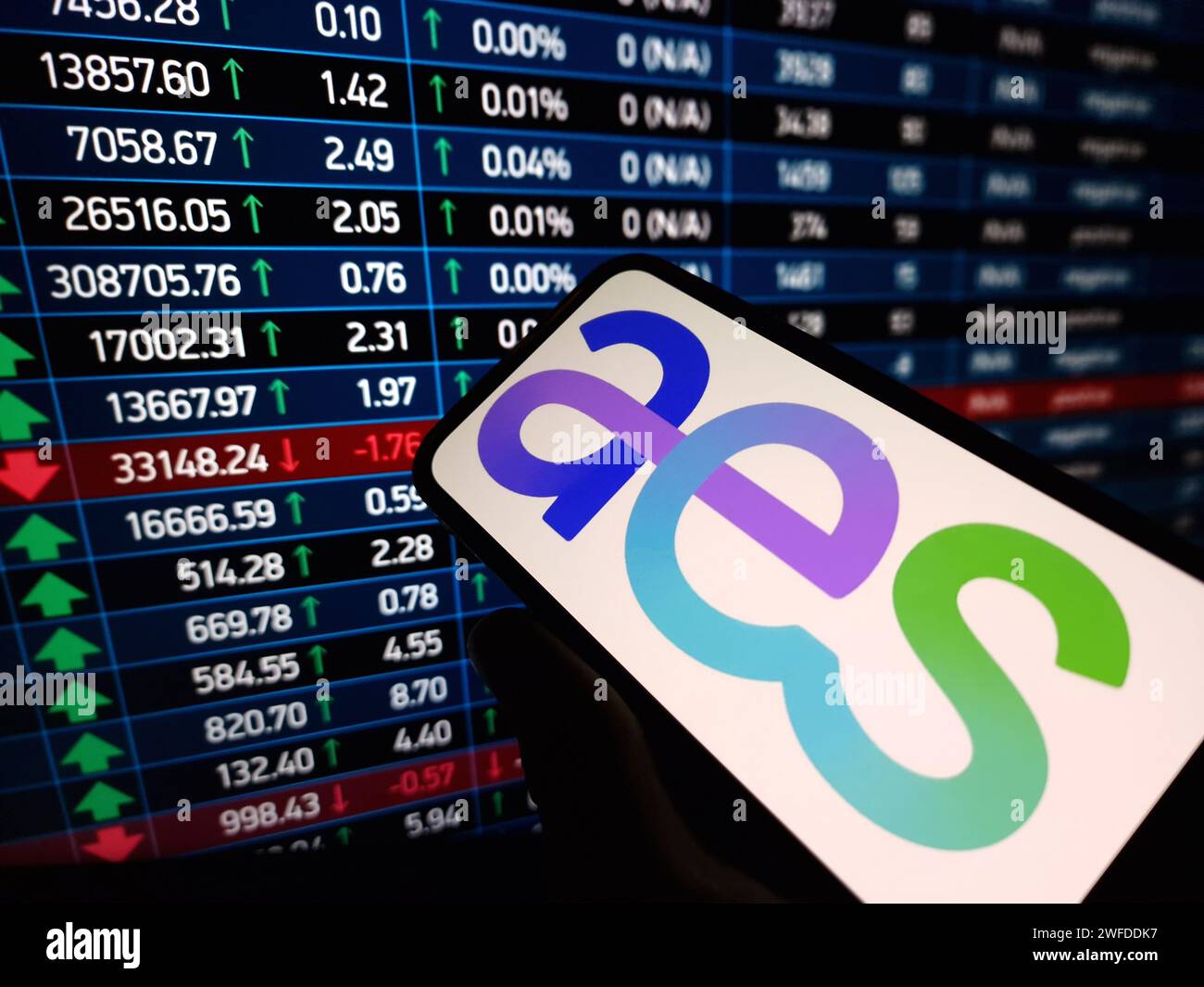 Konskie, Poland - January 27, 2024: AES Corporation company logo ... Konskie, Poland - January 27, 2024: AES Corporation company logo ...