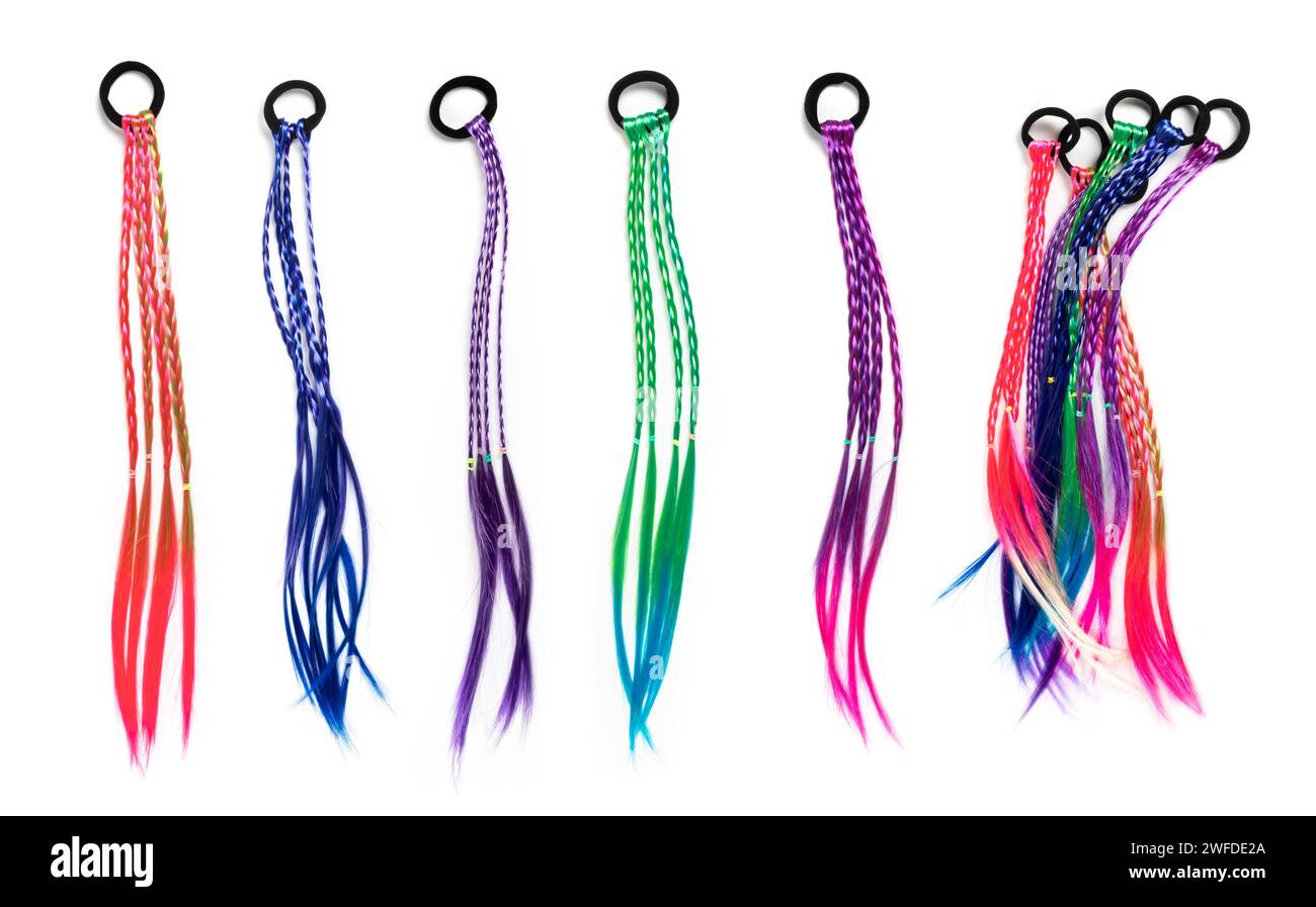 Colored braids, hair accessory on an elastic band on a white background ...