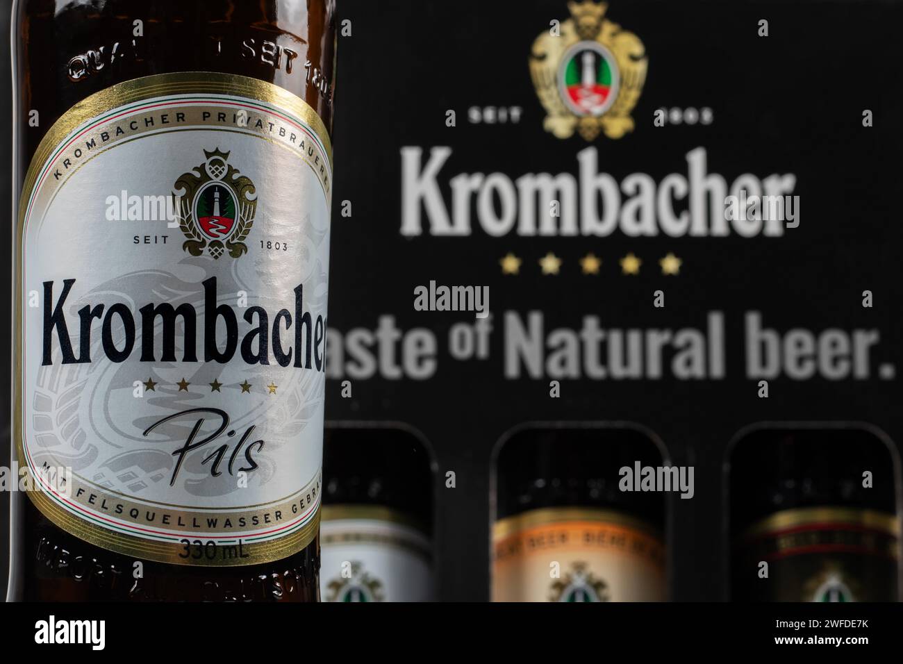 Dnipro, Ukraine, 18 oct, 2023: Krombacher Pils beer on logo background ...