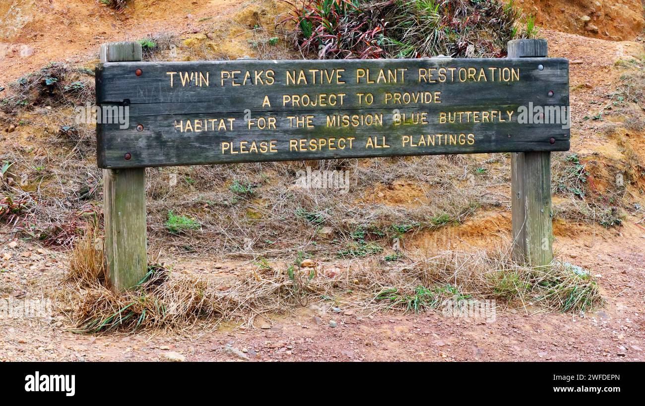 San Francisco, California: sign of Twin Peaks native plant restoration ...