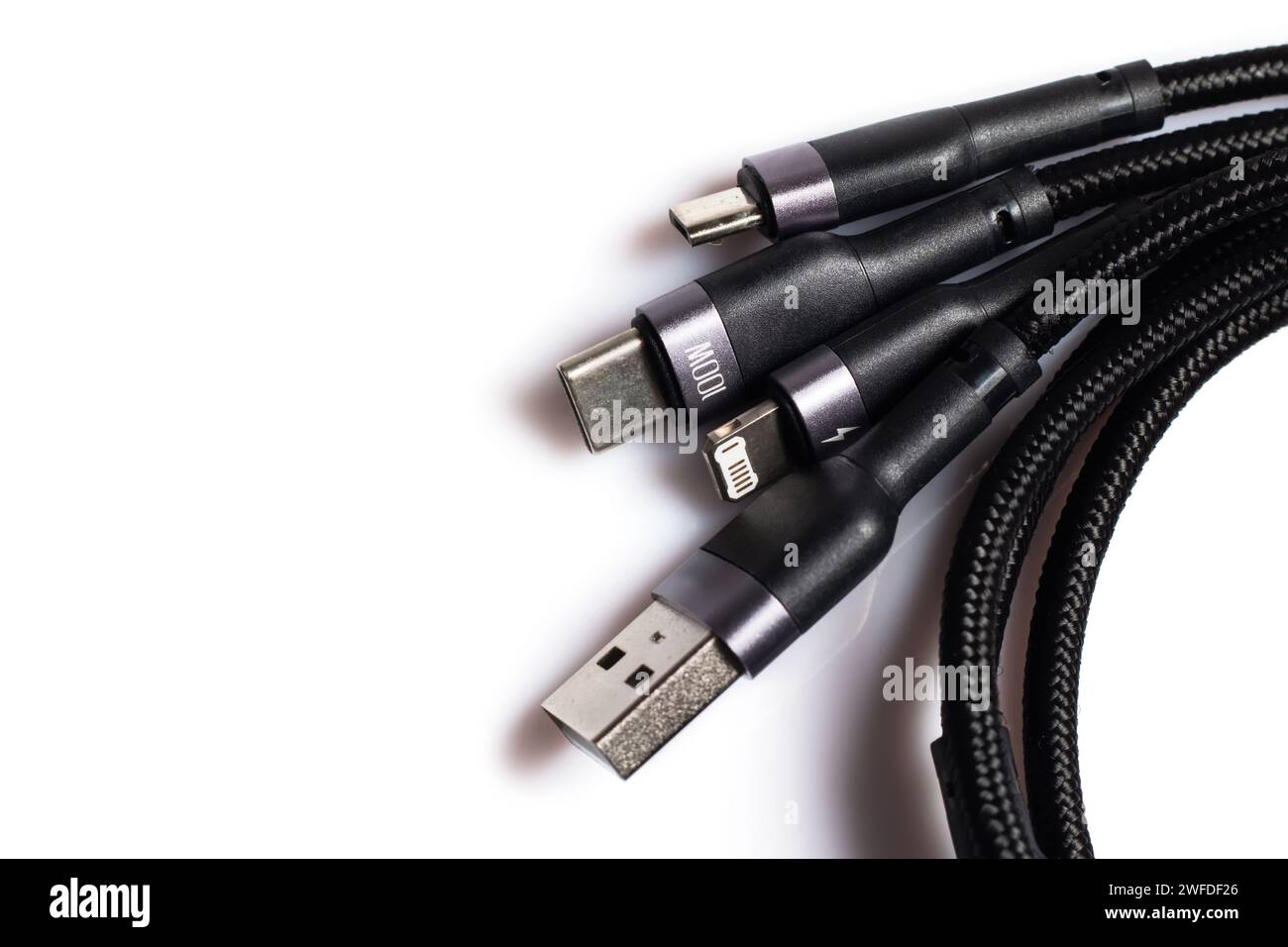 Different USB charging plugs isolated on white background. USB Type C ...