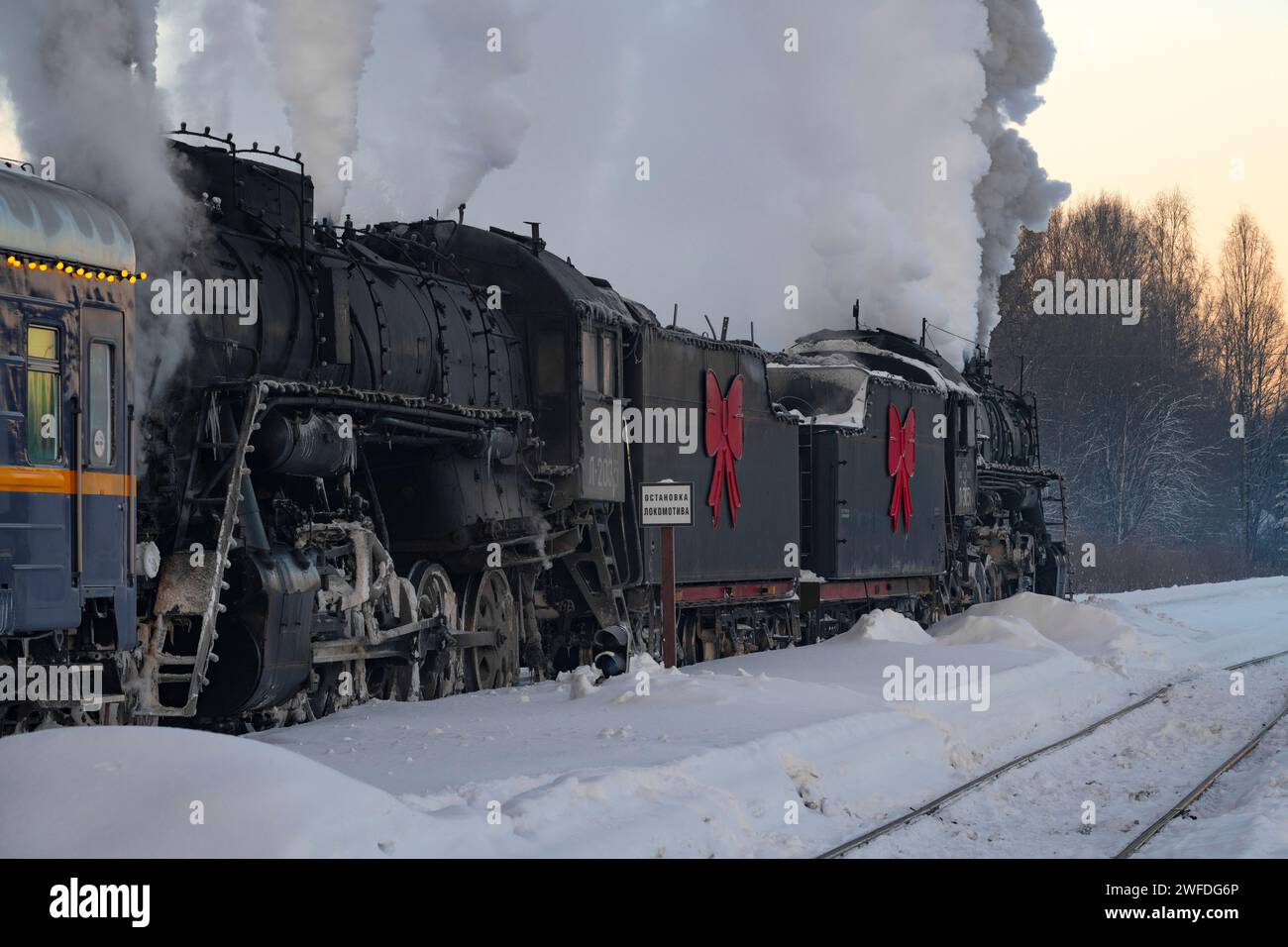 KHELYULYA, RUSSIA - JANUARY 20, 2024: Two steam locomotives of the ...