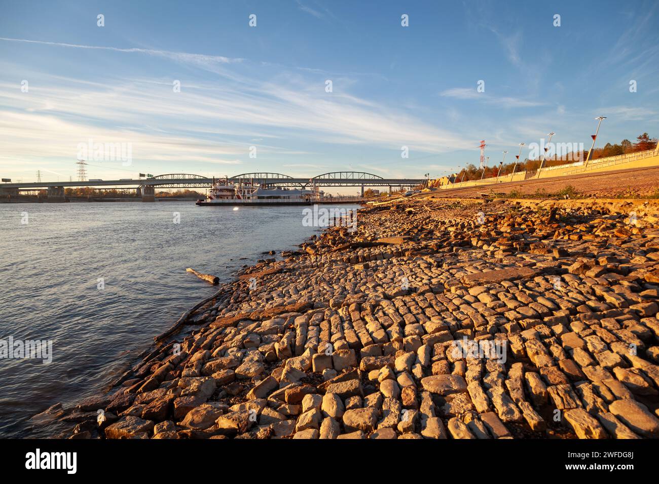 cobble lined bank along the Mississippi River in St. Louis, Missouri ...