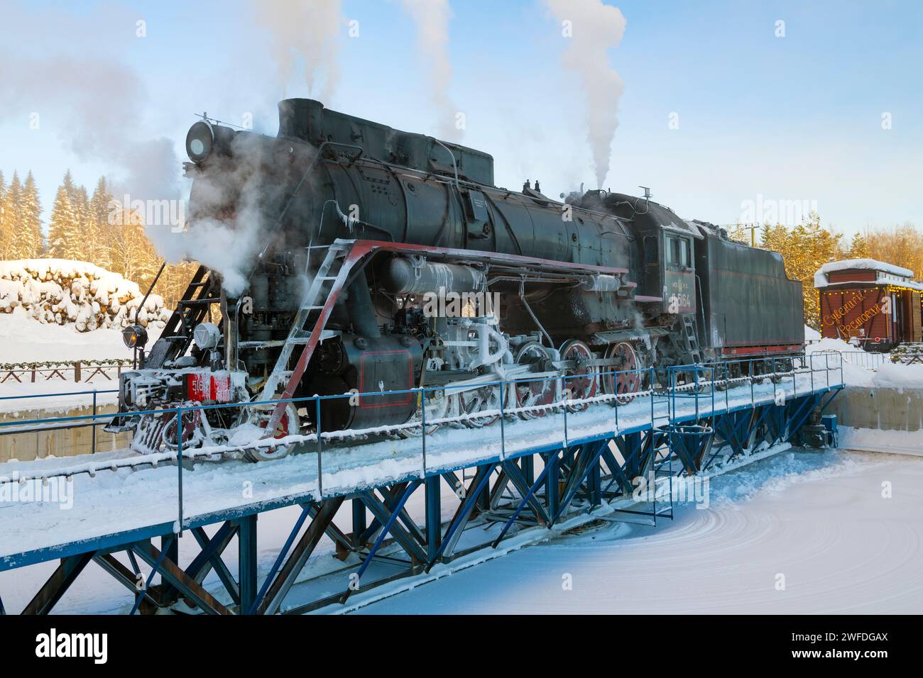 RUSKEALA, RUSSIA - JANUARY 20, 2024: Old Soviet steam locomotive L-5164 ...