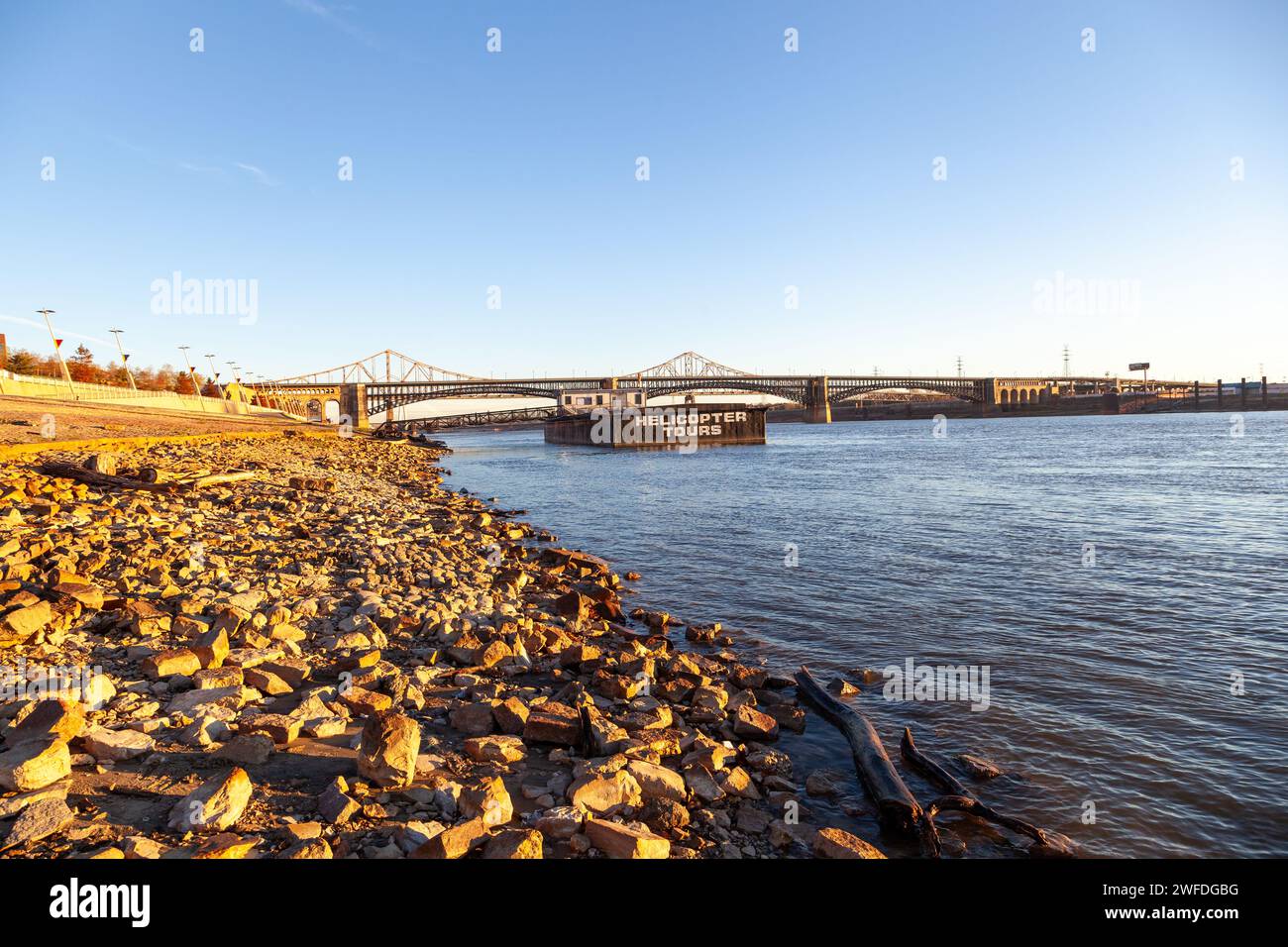 cobble lined bank along the Mississippi River in St. Louis, Missouri ...