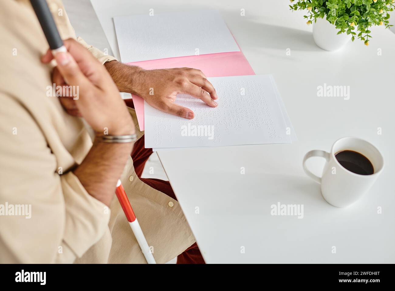 cropped view of indian blind man in everyday cozy outfit with walking ...