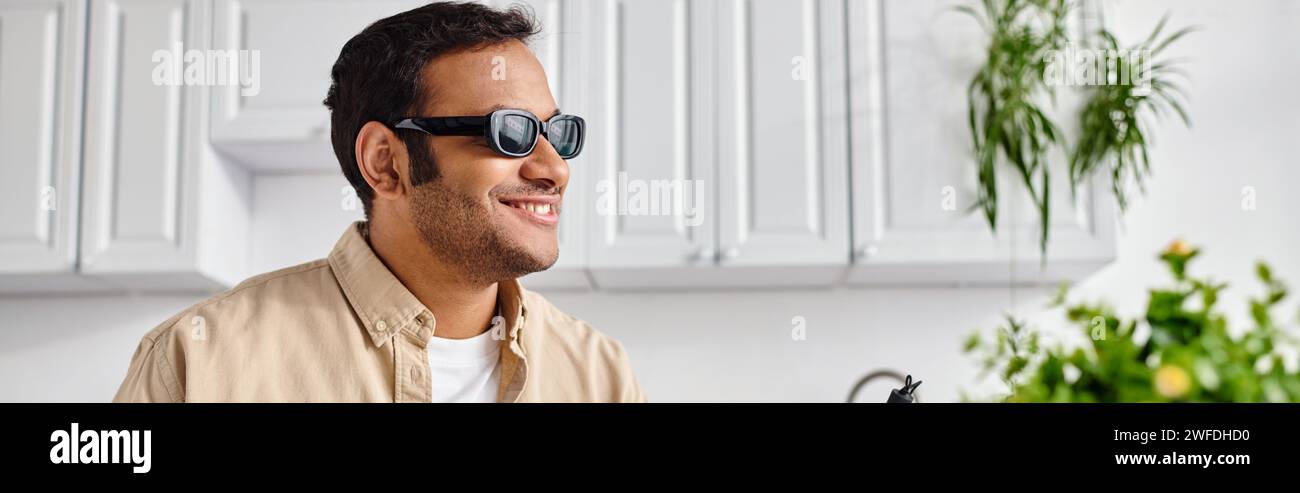 jolly handsome blind indian man in casual comfortable clothing with ...