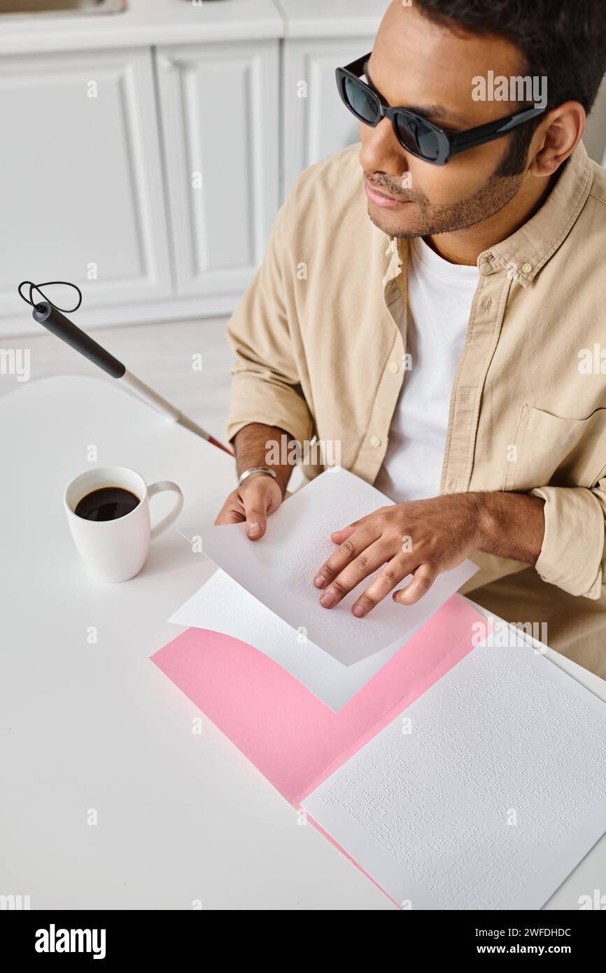 handsome indian man with blindness in casual attire with walking stick ...