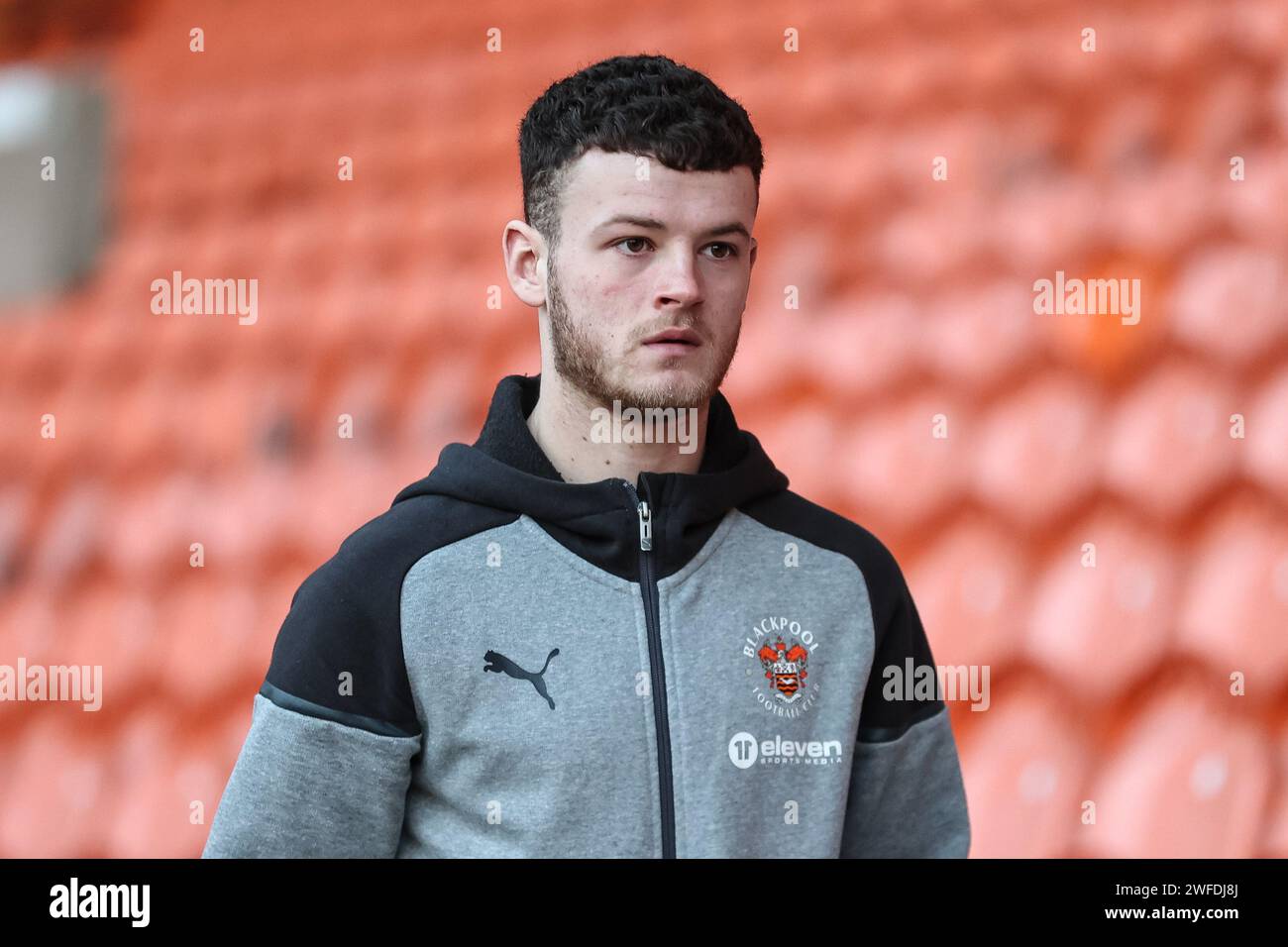 Jack Moore of Blackpool arrives during the Bristol Street Motors Trophy ...